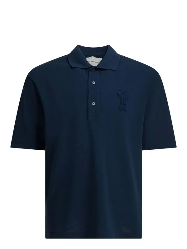 AMI Paris Cotton Piqué Polo Shirt With Crocheted Logo - Blue