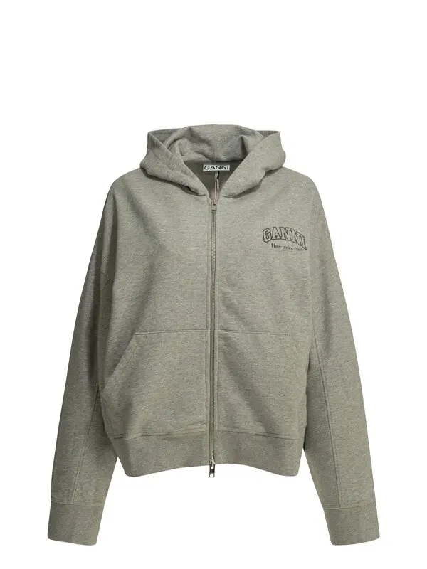GANNI Zip-up Logo Hoodie - Grey