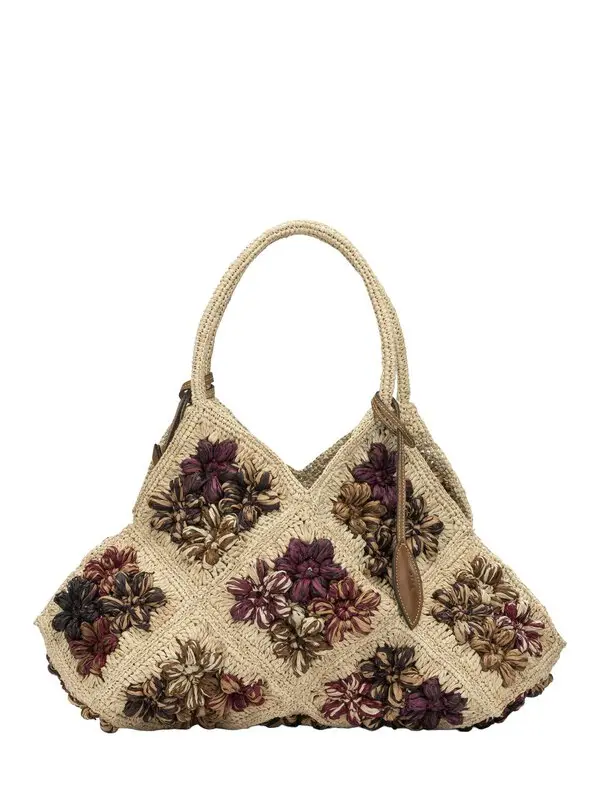 AFAR Raffia Shoulder Bag With Floral Embellishments - Multicolor