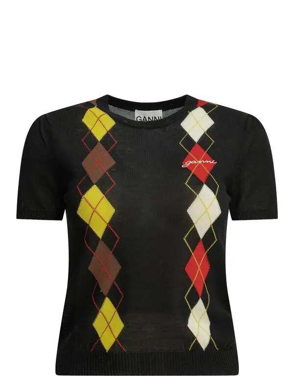 GANNI Argyle Crewneck Sweater - Black