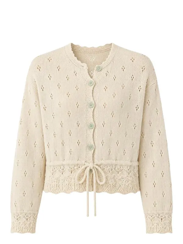 Mind Traveler Openwork Knit Cardigan With Ruffle Cuffs - Beige