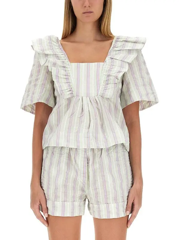 GANNI Striped Ruffle Blouse - Multicolor
