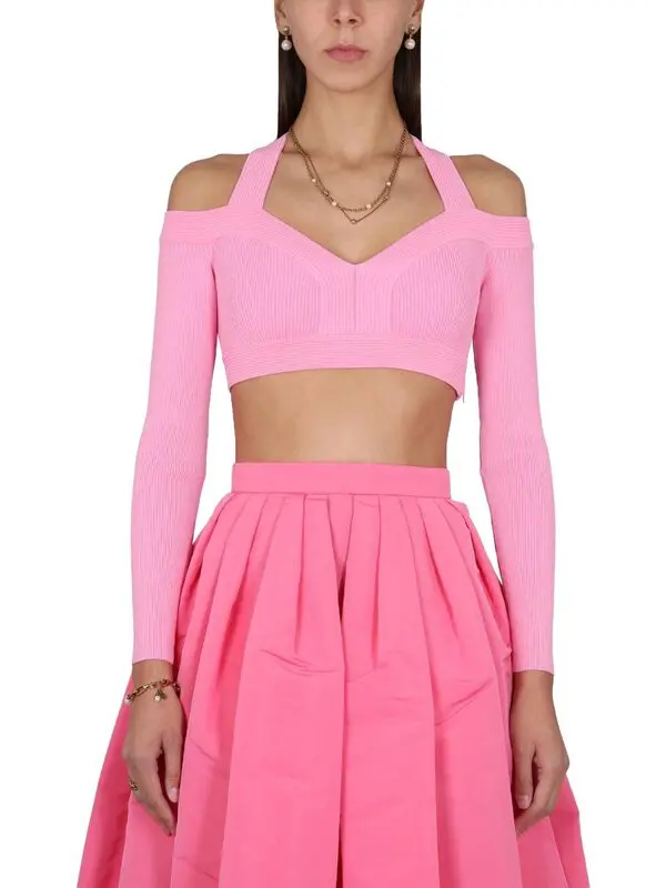 Alexander McQueen Cropped Ribbed Knit Top With Cold Shoulder Detail - Pink