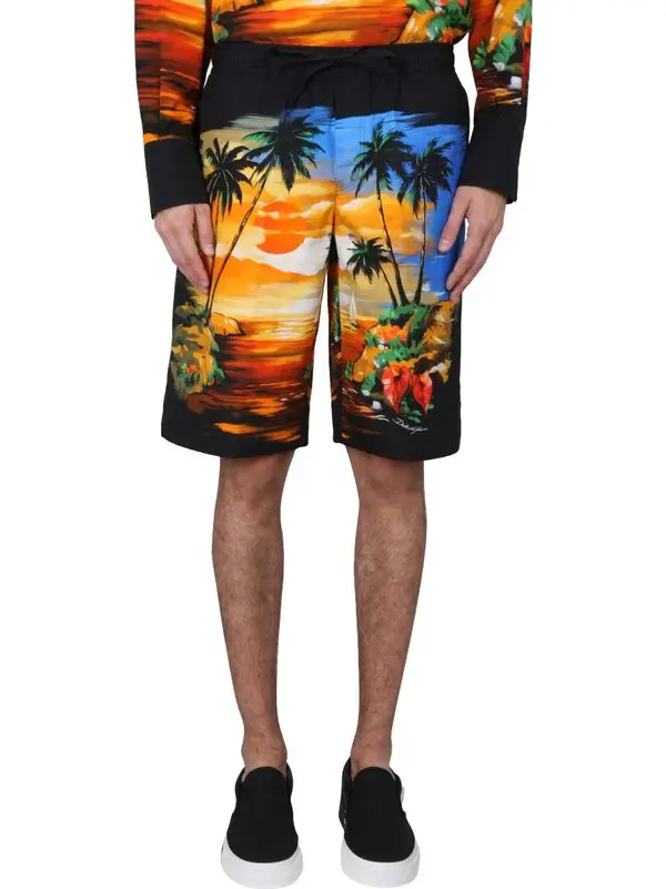 Dolce & Gabbana Bermuda Shorts With Tropical Print And Drawstring Waist - Multicolor
