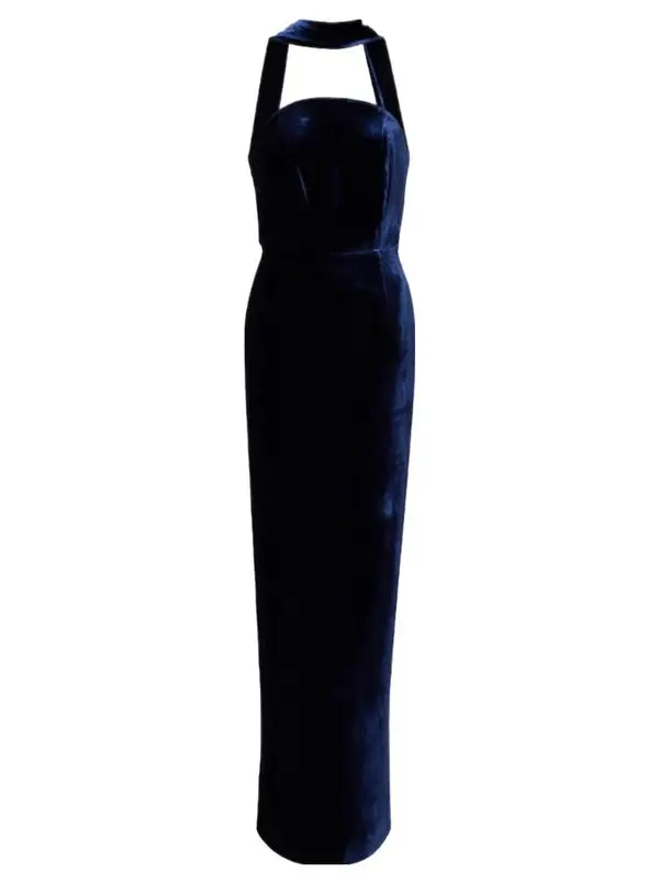 Roland Mouret Velvet Gown With Scarf Detail And Corsetry - Navy