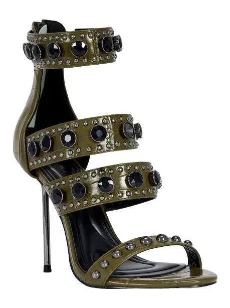 AZALEA WANG Antonia Studded Croc-embossed Metal Heel Sandal - Olive