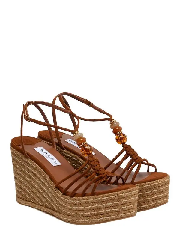 JIMMY CHOO Embellished Suede Espadrille Wedge Sandals - Brown