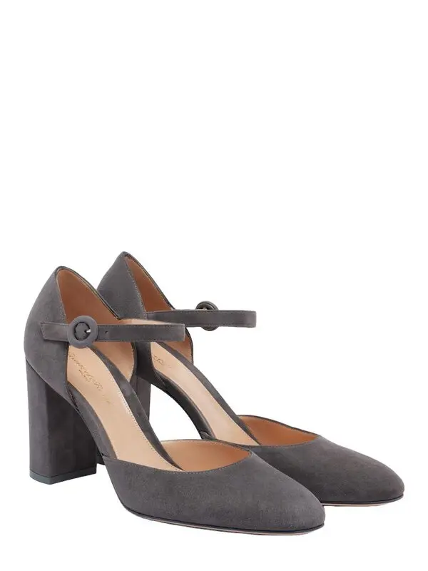 GIANVITO ROSSI Suede Almond Toe Pumps With Buckle-fastening Ankle Strap - Grey