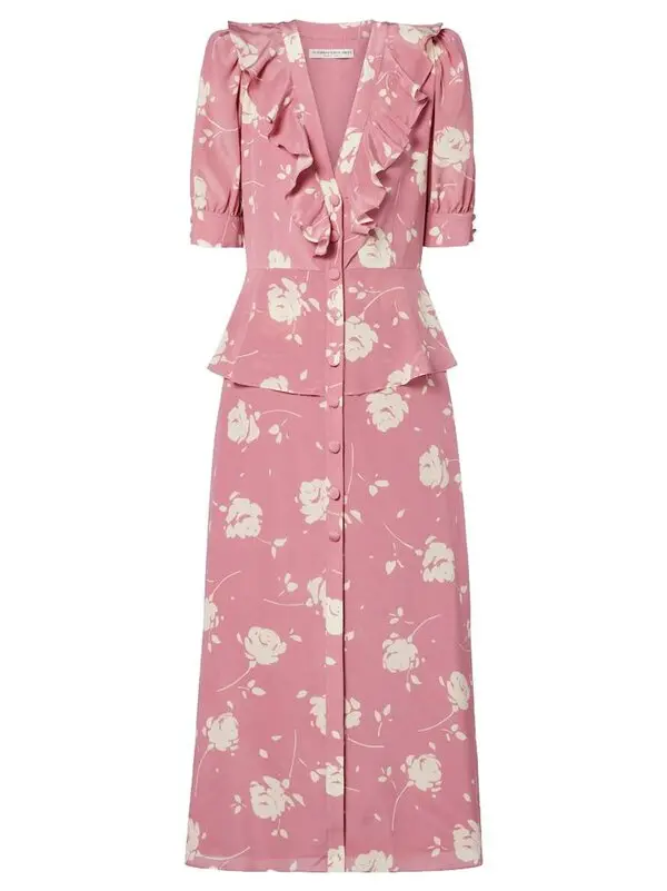 Alessandra Rich Floral Ruffled Silk Midi Dress - Pink