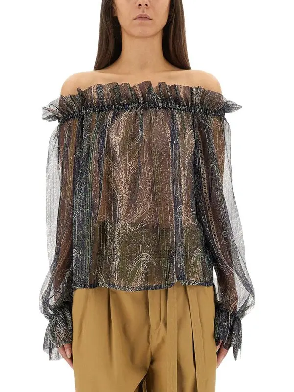 Saint Laurent Lurex Silk Creponne Off-the-shoulder Blouse - Blue