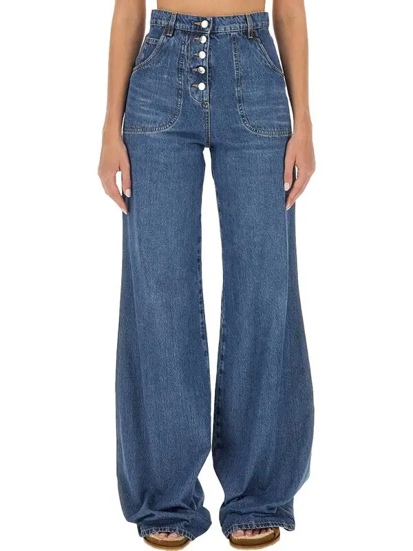 Etro Wide Leg Jeans With Embroidered Foliage Pockets - Blue