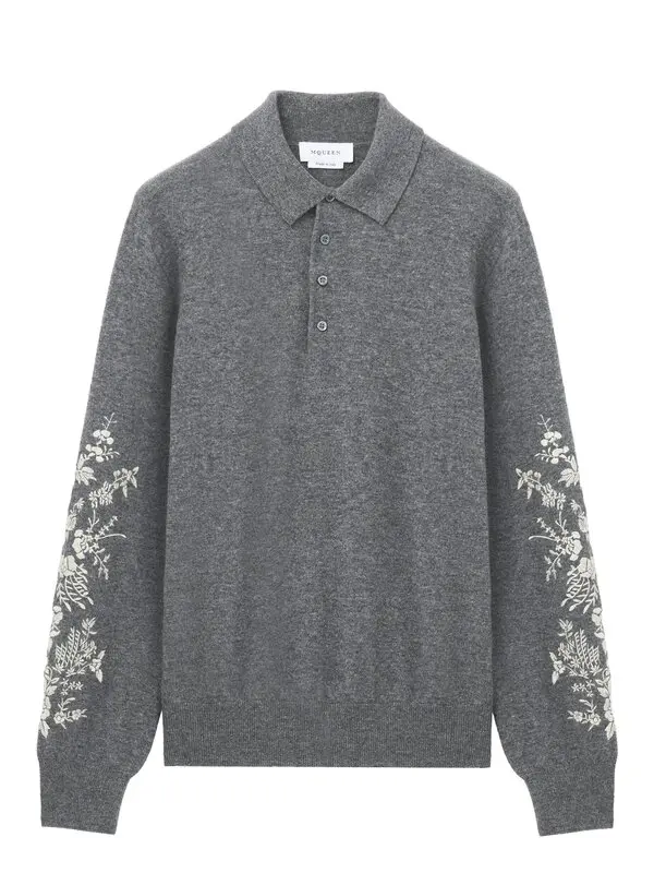 Alexander McQueen Floral Embroidery Polo Shirt - Grey