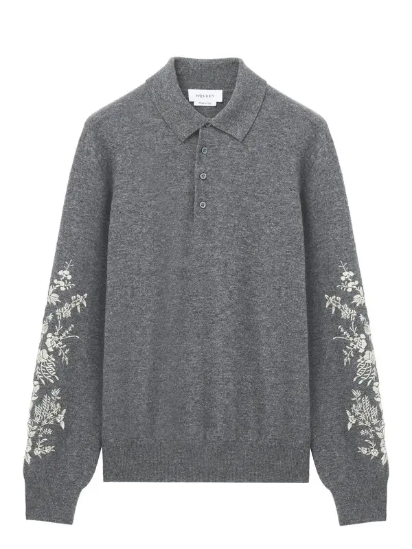 Alexander McQueen Floral Embroidery Polo Shirt - Grey