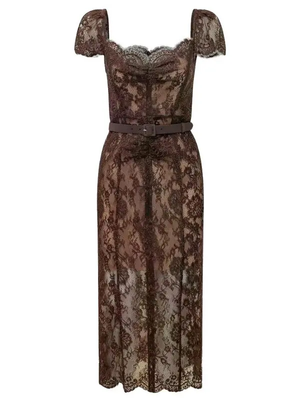 SELF-PORTRAIT Belted Floral-lace Midi Dress - Brown