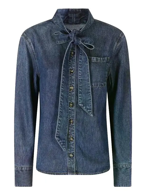 SELF-PORTRAIT Tie-neck Denim Shirt - Blue
