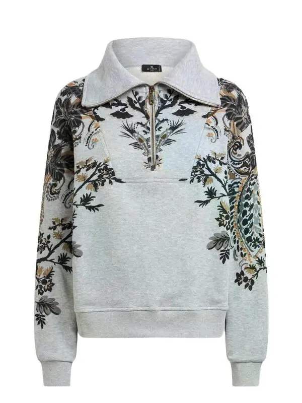 Etro Cotton Sweatshirt With Paisley And Floral Print - Grey