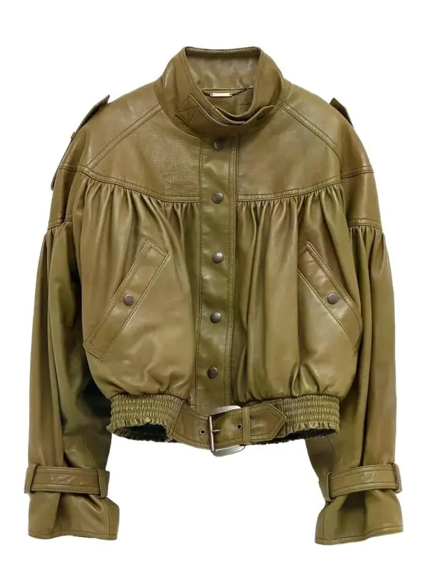 Chloé Belted Gathered Leather Jacket - Green