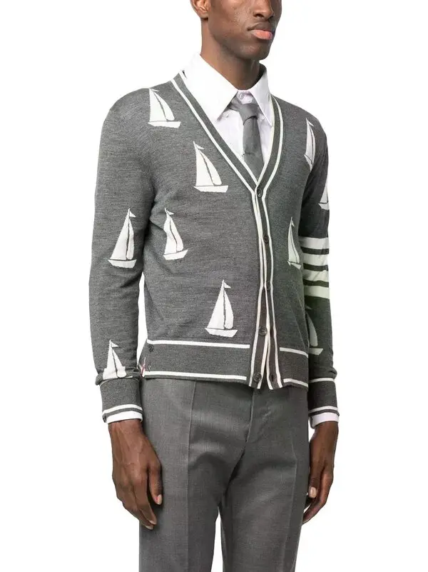 Thom Browne Sailboat Motif Merino Wool Cardigan - Grey