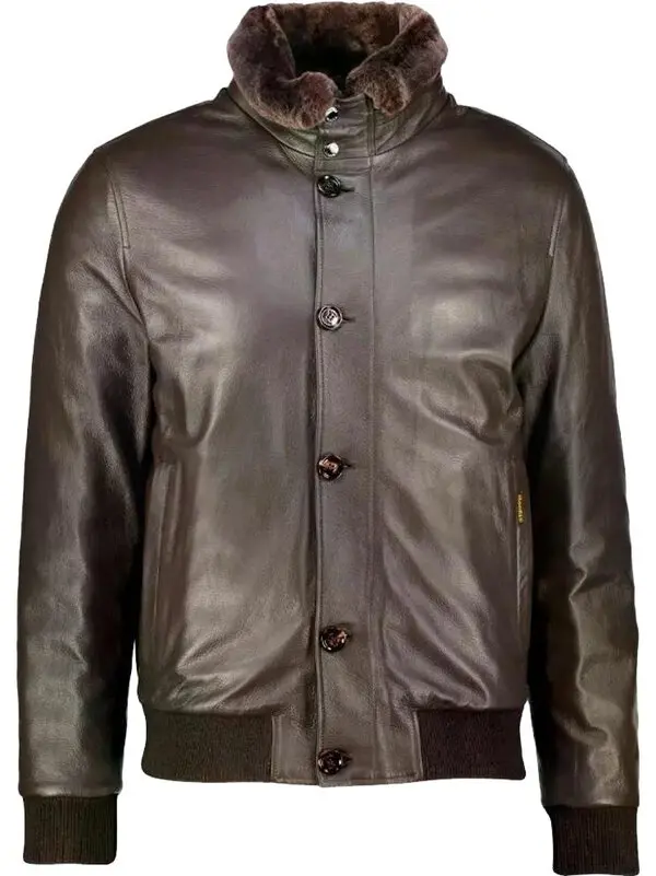 MOORER Shearling Collar Leather Jacket - Brown