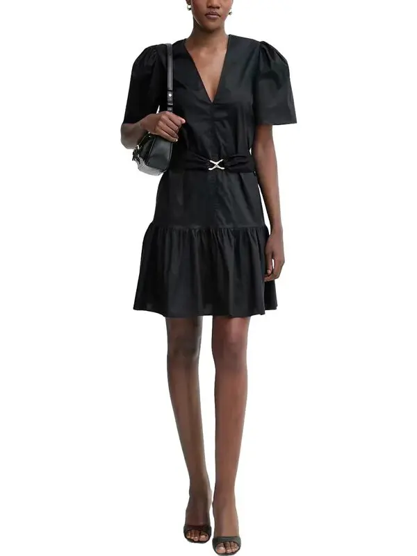 TWINSET V-neck Puff Sleeve Tiered Midi Dress - Black