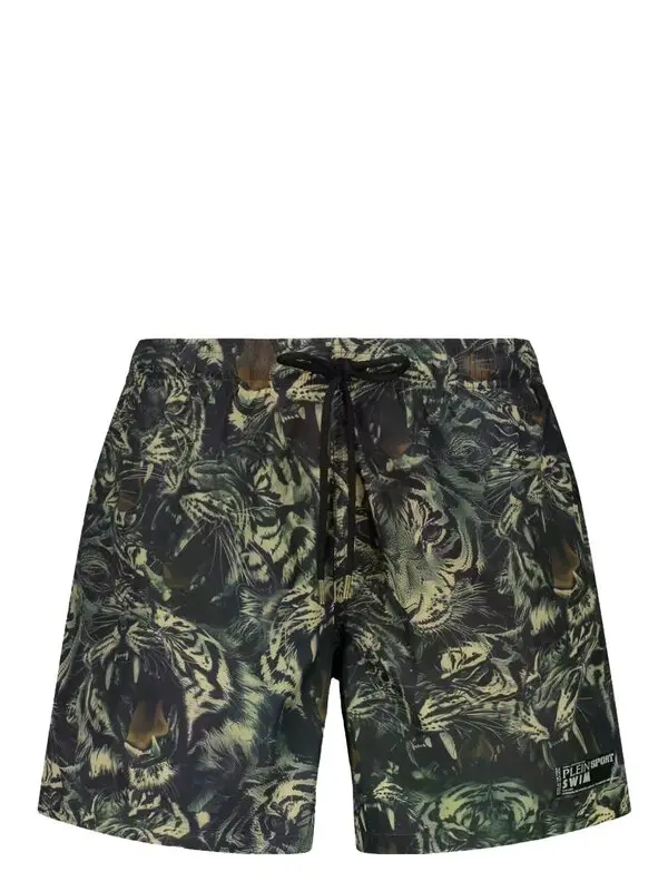 PLEIN SPORT Tiger Print Drawstring Swim Shorts - Black