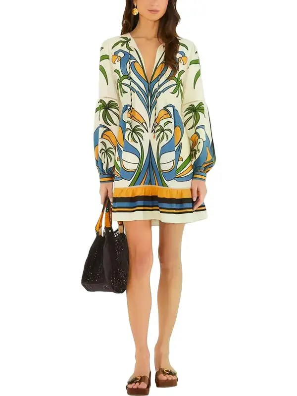 Farm Rio Tropical Graphic V-neck Mini Dress With Puff Sleeves - Neutrals