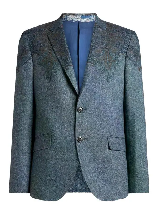 Etro Single-breasted Wool-blend Jacket With Placed Paisley Pochette Print - Blue