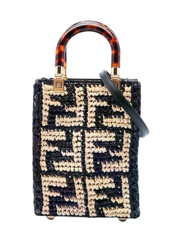 Fendi Mini Zucca Raffia Sunshine Shopper Tote Satchel - Black
