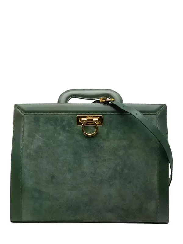 FERRAGAMO Suede And Leather Gancini Briefcase Business Bag - Green