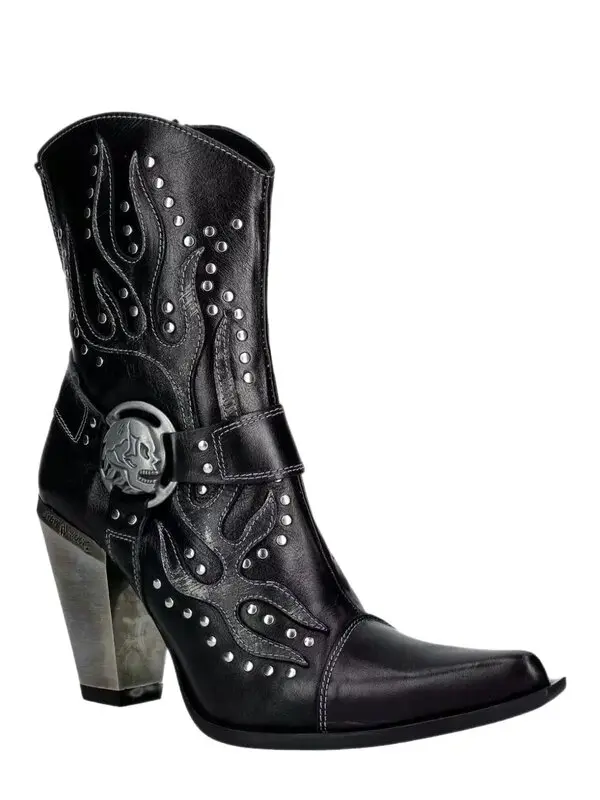 NEW ROCK Skull Plaque Flame Appliqué Boots - Black