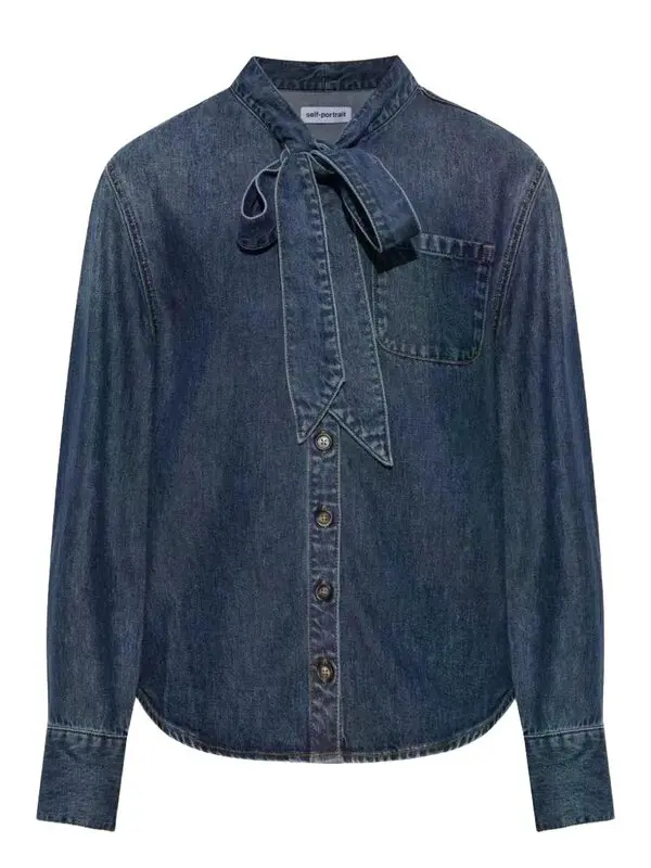 SELF-PORTRAIT Tie-neck Denim Shirt - Blue