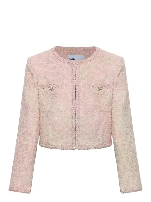 SELF-PORTRAIT Cropped Sequin Embellished Tweed Jacket - Pink