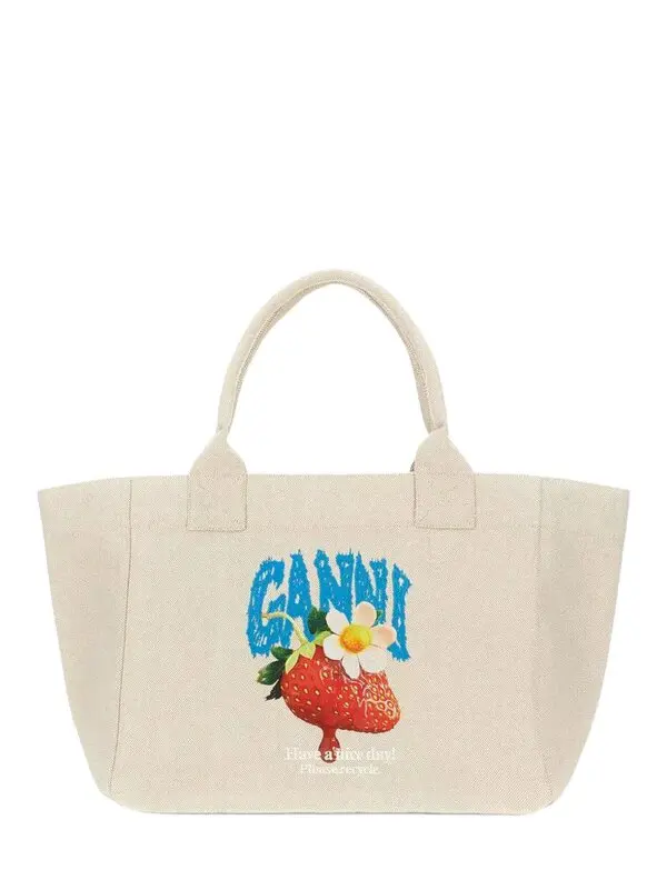 GANNI Cotton Tote Bag With Strawberry Print - Neutrals