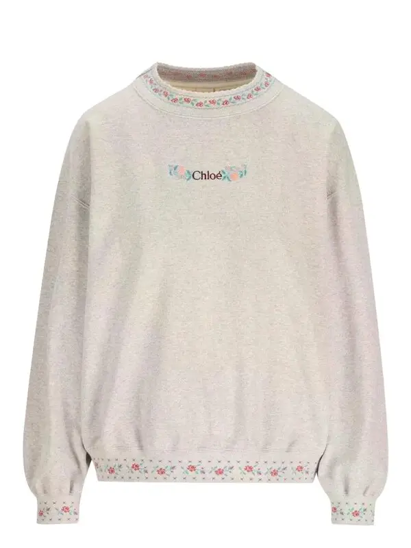 Chloé Floral Embroidered Logo Print Crew Neck Sweater - Grey