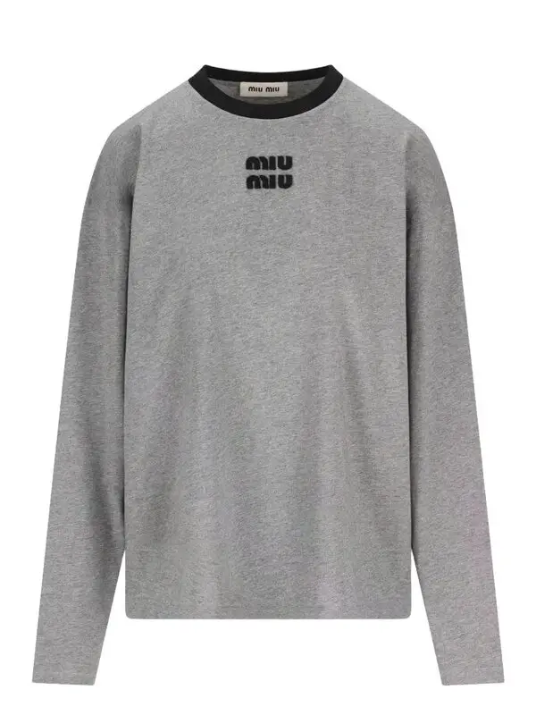 Miu Miu Logo Patch Long Sleeve Sweater - Grey