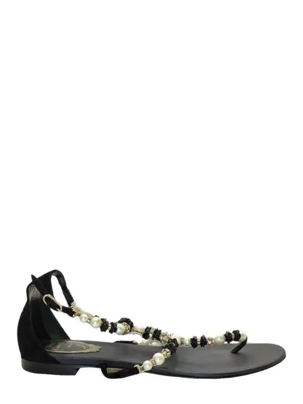 Rene Caovilla Pearl And Crystal Embellished T-strap Sandals - Black