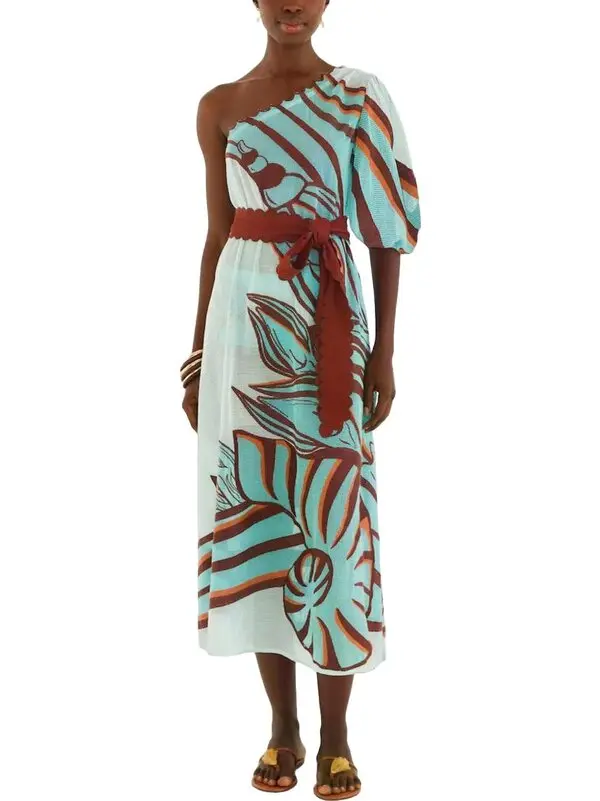 Farm Rio One-shoulder Graphic Print Midi Dress - Blue