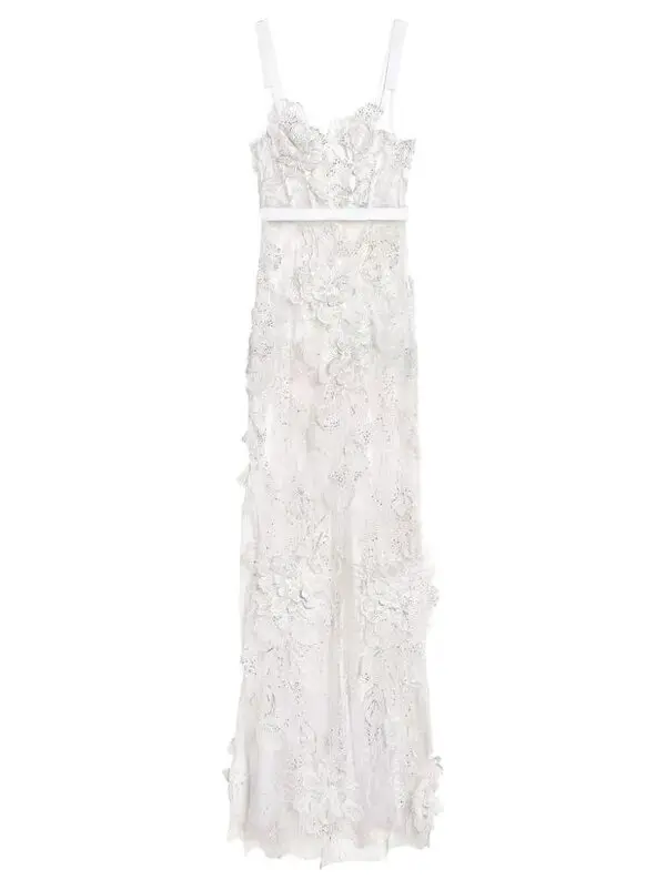 GENNY Floral Appliqué Sequin Embellished Maxi Dress - White