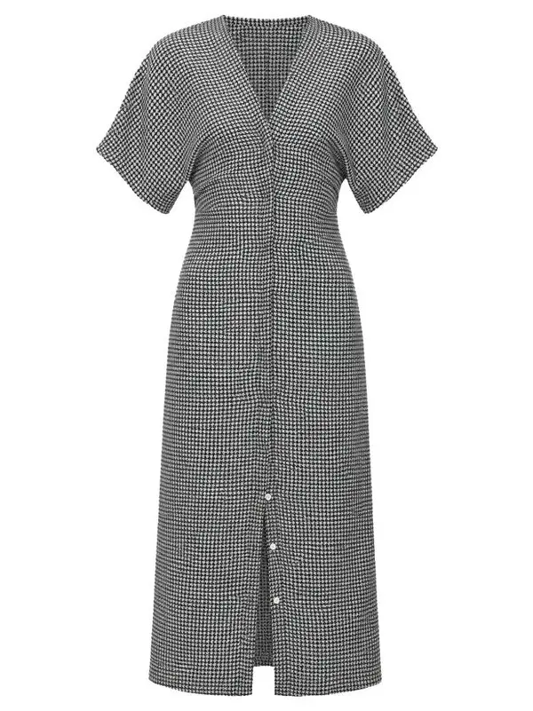 SUPER BLOND Houndstooth Pattern V-neck Short-sleeve Midi Dress - Black