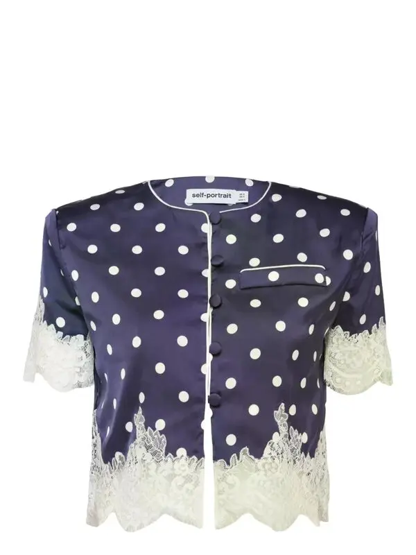 SELF-PORTRAIT Polka-dot Lace-trim Cropped Top - Blue