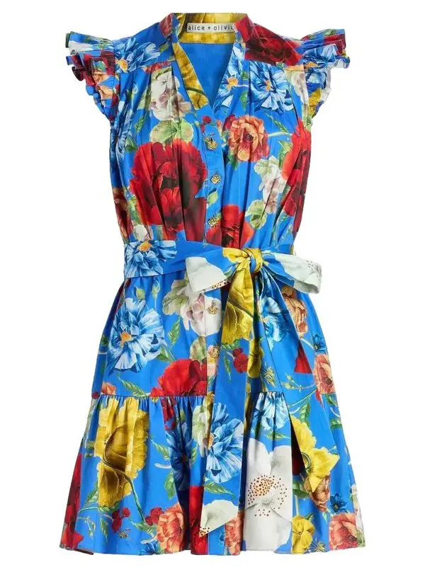 Alice + Olivia Cora Flutter-sleeve Tiered Mini Dress - Blue