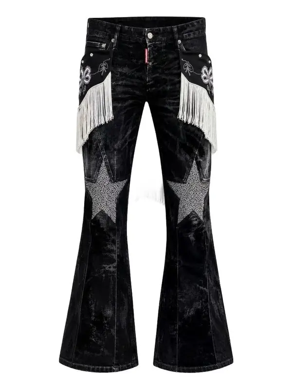 Dsquared2 Acid Wash Flared Jeans With Crystal Embellished Star Patches And Fringe Detail - Black