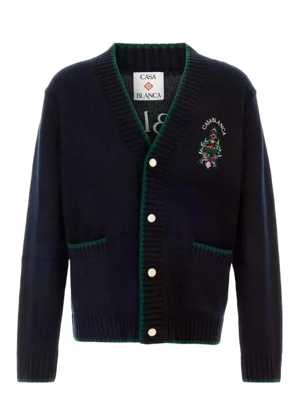 Casablanca Logo Embroidered Contrast Trim V-neck Cardigan - Blue