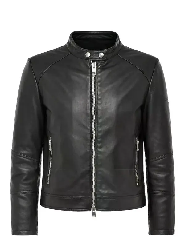 DIESEL® Leather Zip-up Jacket With Band Collar - Black