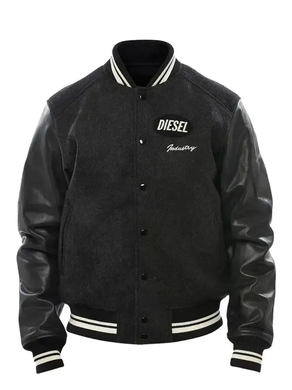 DIESEL® Bomber Jacket With Leather Sleeves And Embroidered Logo - Grey
