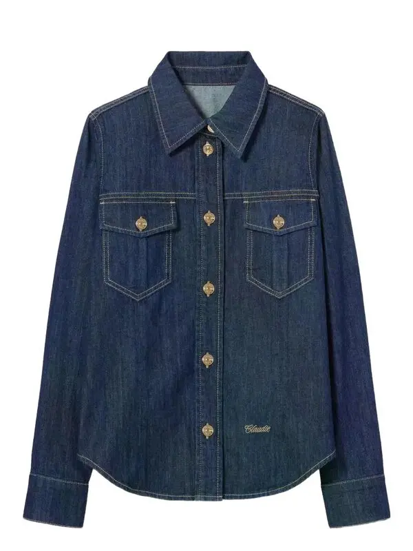 Claudie Pierlot Soft Denim Shirt With Gold Button Details - Blue