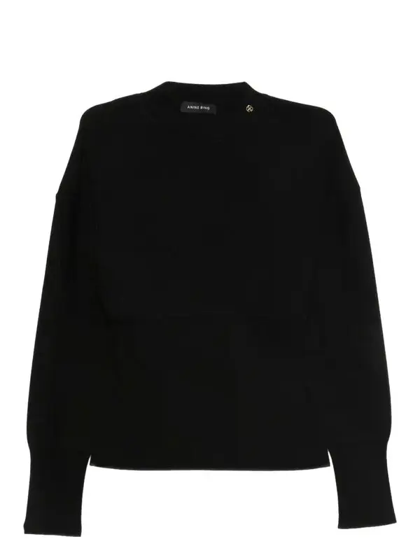 ANINE BING Ribbed Mock Neck Sweater With Gold-tone Logo Plaque - Black