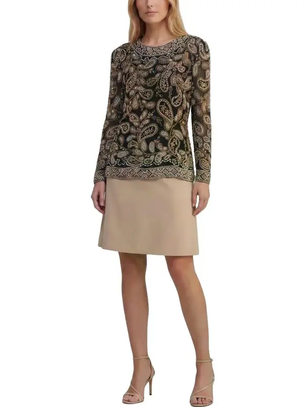 OLEG CASSINI VINTAGE Beaded Paisley Print Long Sleeve Top - Black