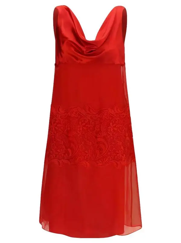 FERRAGAMO Silk Lace Embroidered Draped Mini Party Dress - Red