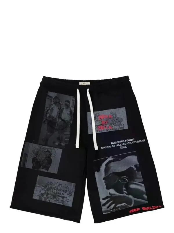 BLDG4 Graphic Print Cotton Shorts - Black